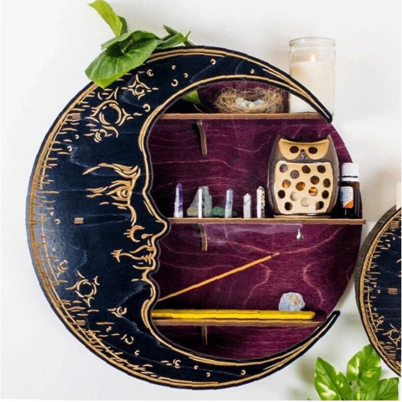 wooden moon rack witch room – grimoire