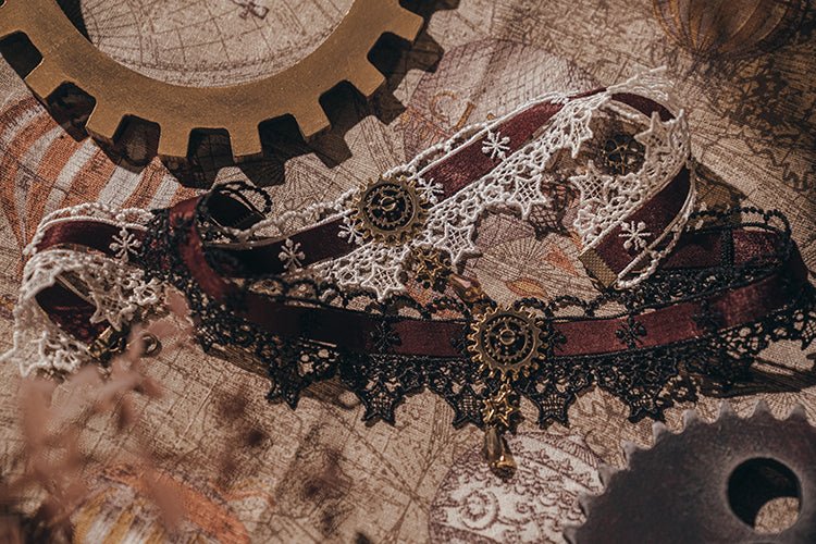 [steampunk] Brass-style gear and star maiden red lace choker steampunk ...